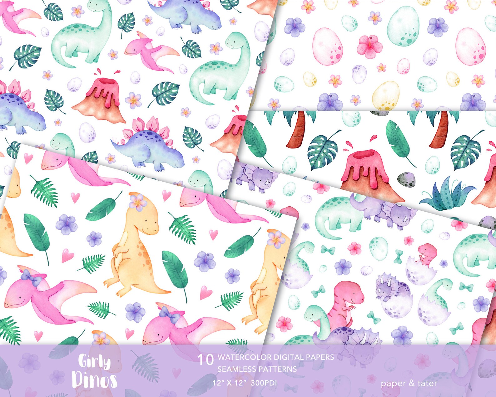 Watercolor Girly Dinosaurs Digital Papers Fabric Seamless - Etsy