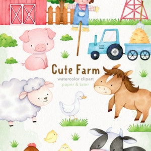 Watercolor Cute Farm Animals Clipart, Farmhouse Barn, Tractor, Cow ...