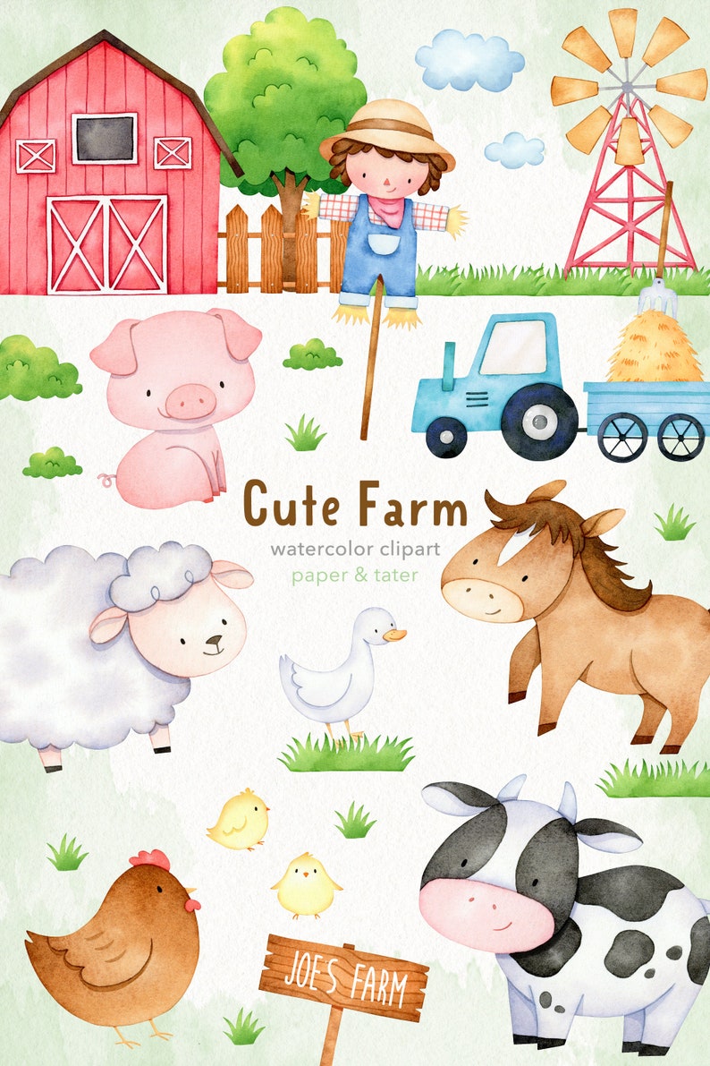 Watercolor Cute Farm Animals Clipart Graphics Farmhouse Barn | Etsy