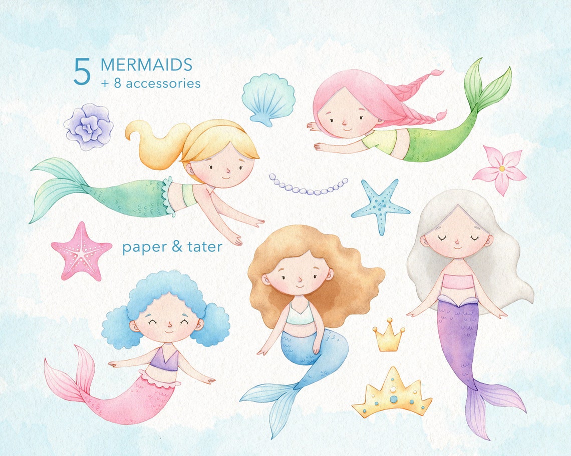 Watercolor Mermaid Clipart Cute Mermaids PNG - Etsy