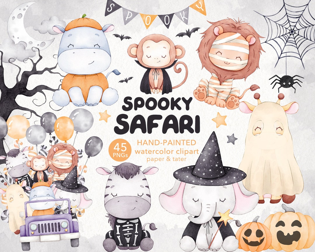 Halloween Safari Hand-painted Watercolor Clipart, Spooky Wild Baby ...