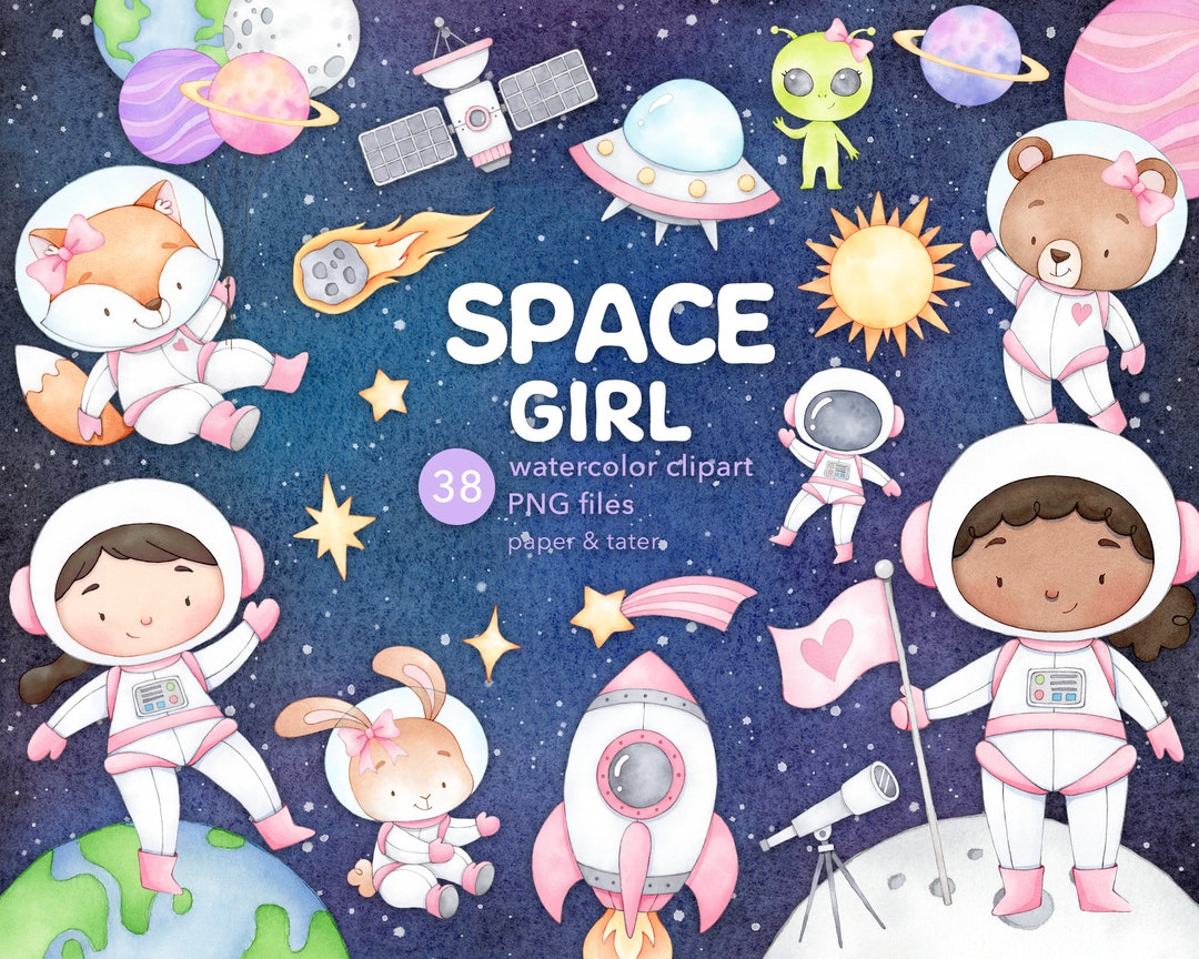 Girl Astronaut Watercolor Clipart, Space Animals, Space Girl PNG - Etsy UK