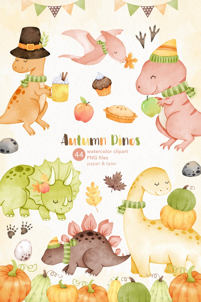 Watercolor Autumn Dinosaur Clipart Fall Dino Clip Art - Etsy