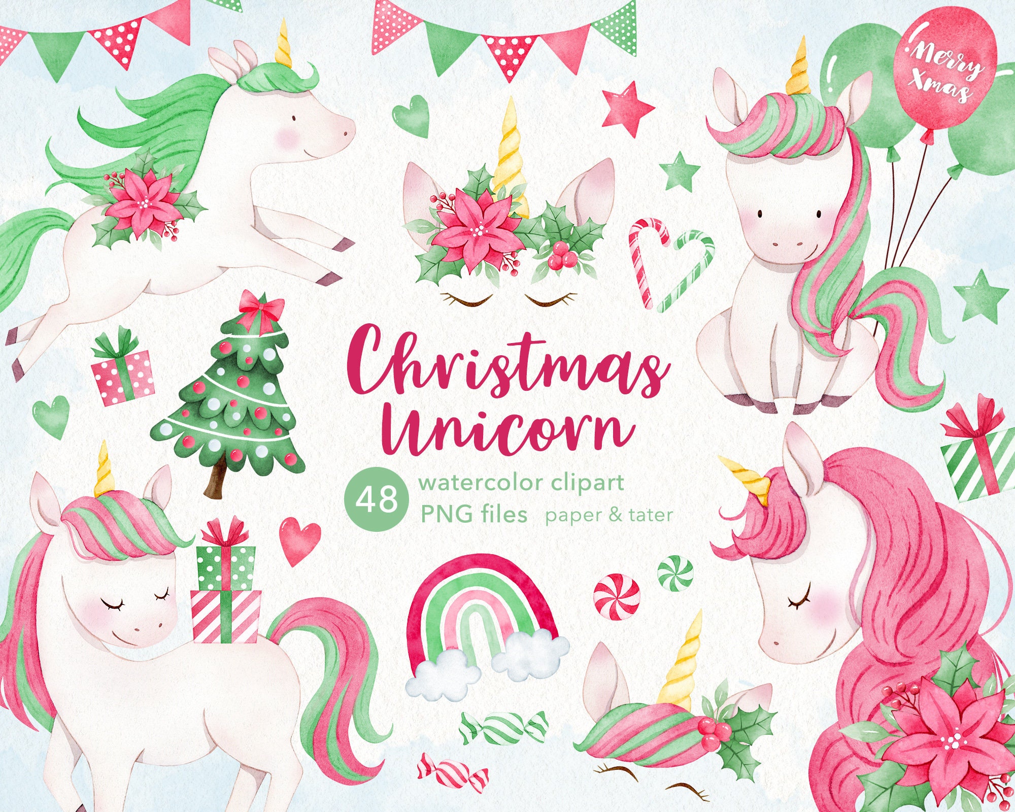 Watercolor Christmas Unicorns Clipart Magical Xmas Animals - Etsy
