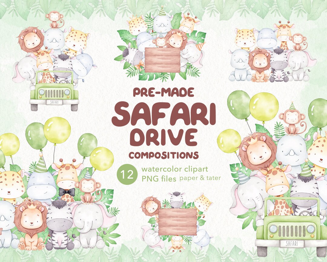 Safari Drive Composition Watercolor Baby Animals Clipart, Ready to Use ...