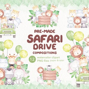 Safari Drive Composition Watercolor Baby Animals Clipart, Ready to Use ...