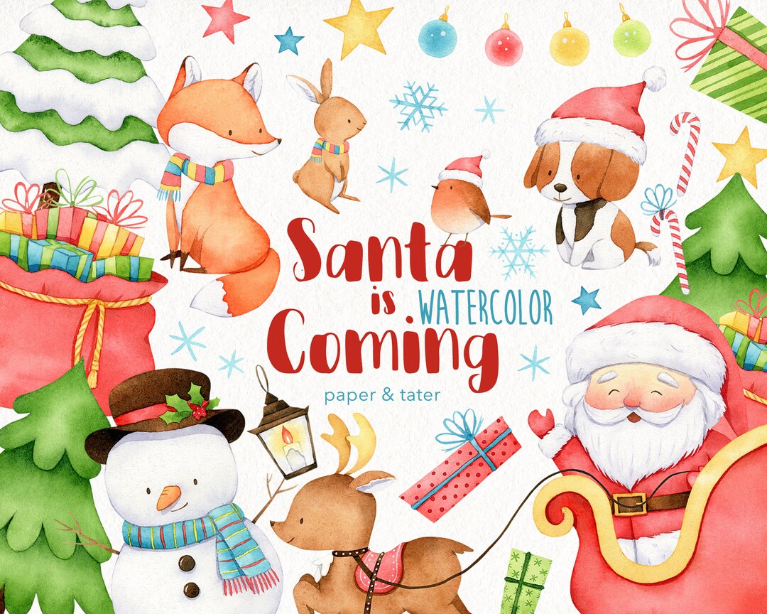 Watercolor Christmas Clipart Graphics, Santa Claus Clip Art, Snowman ...