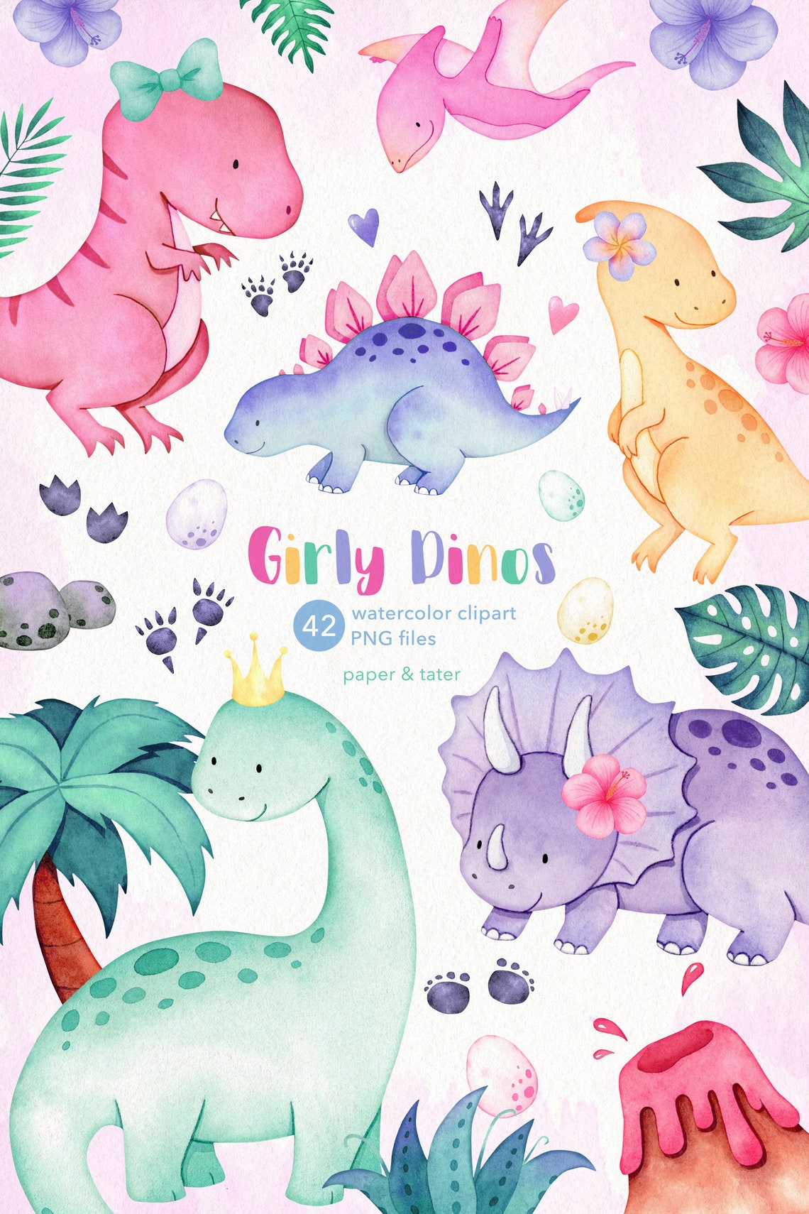 Watercolor Girly Dinosaurs Clipart Cute Baby Dino Clip Art T | Etsy UK