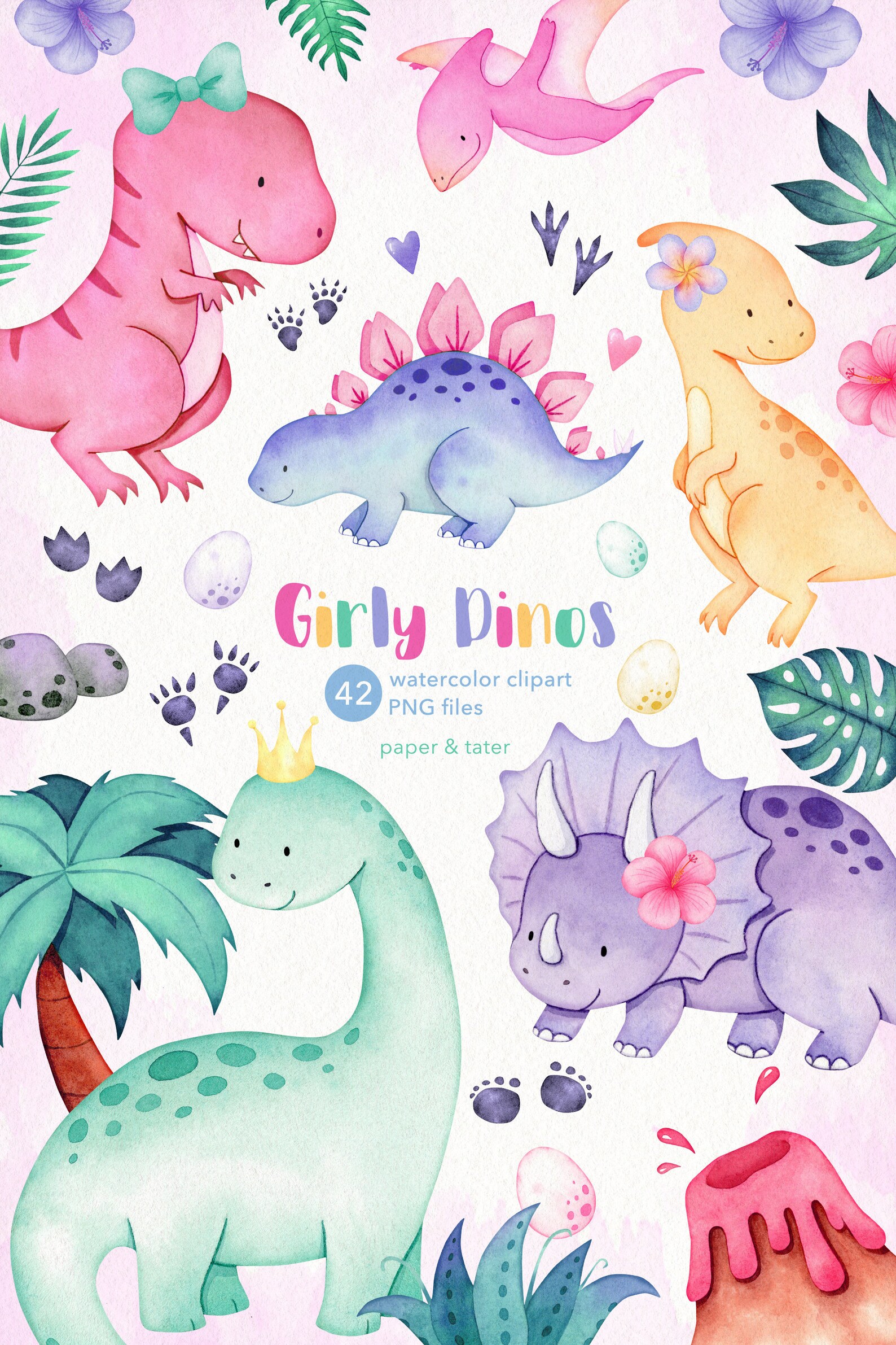 Watercolor Girly Dinosaurs Clipart, Cute Baby Dino Clip Art, T Rex ...