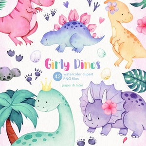 Watercolor Girly Dinosaurs Clipart, Cute Baby Dino Clip Art, T Rex ...