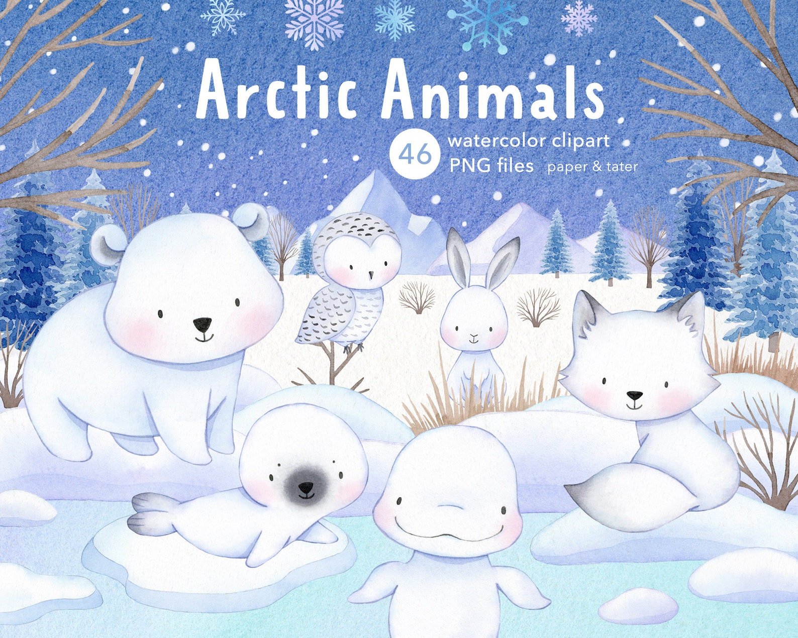 Arctic Animals Watercolor Clipart Winter Woodland PNG | Etsy