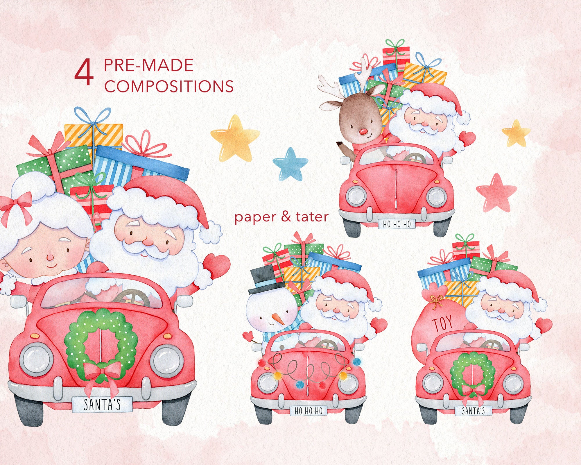 Santa's Cars Watercolor Clipart Front View Christmas | Etsy