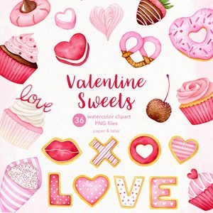 Watercolor Valentine Sweets Clipart, Love Cookies, Cupcake, Lollipop ...