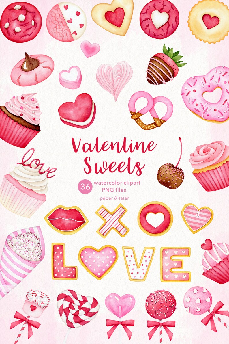 Watercolor Valentine Sweets Clipart Love Cookies Cupcake - Etsy