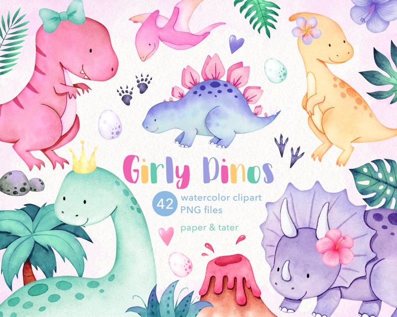 Watercolor Girly Dinosaurs Clipart Cute Baby Dino Clip Art T - Etsy