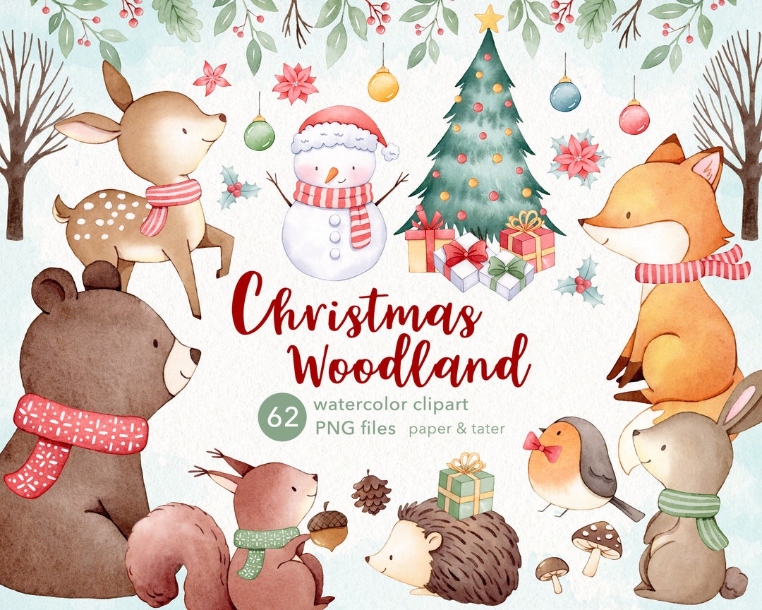 Woodland Christmas Watercolor Clipart, Cute Xmas Animals PNG - Etsy
