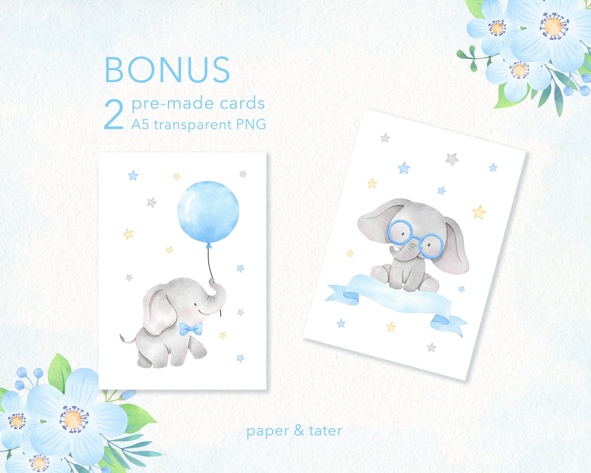 Watercolor Blue Baby Elephant Clipart Graphics Cute Baby Boy | Etsy