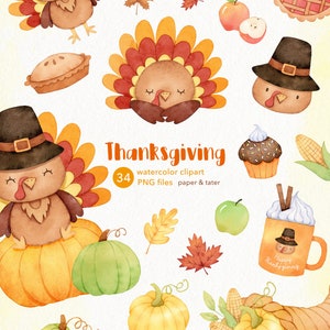 Watercolor Thanksgiving Clipart, Holiday Turkey PNG, Cornucopia ...