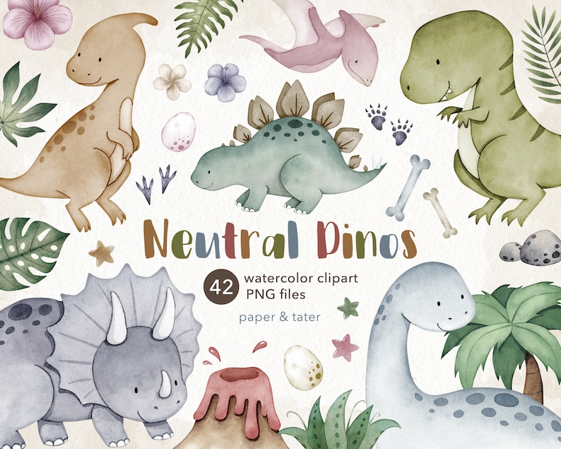 Watercolor Dinosaur Clipart Neutral Dino Clip Art Cute Baby - Etsy