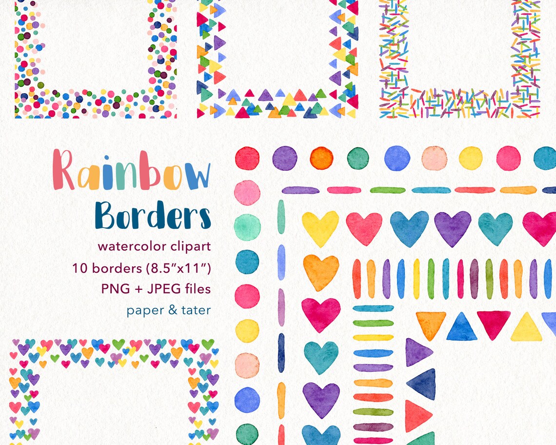 Watercolor Rainbow Borders Clipart Graphics Colorful Rainbow | Etsy