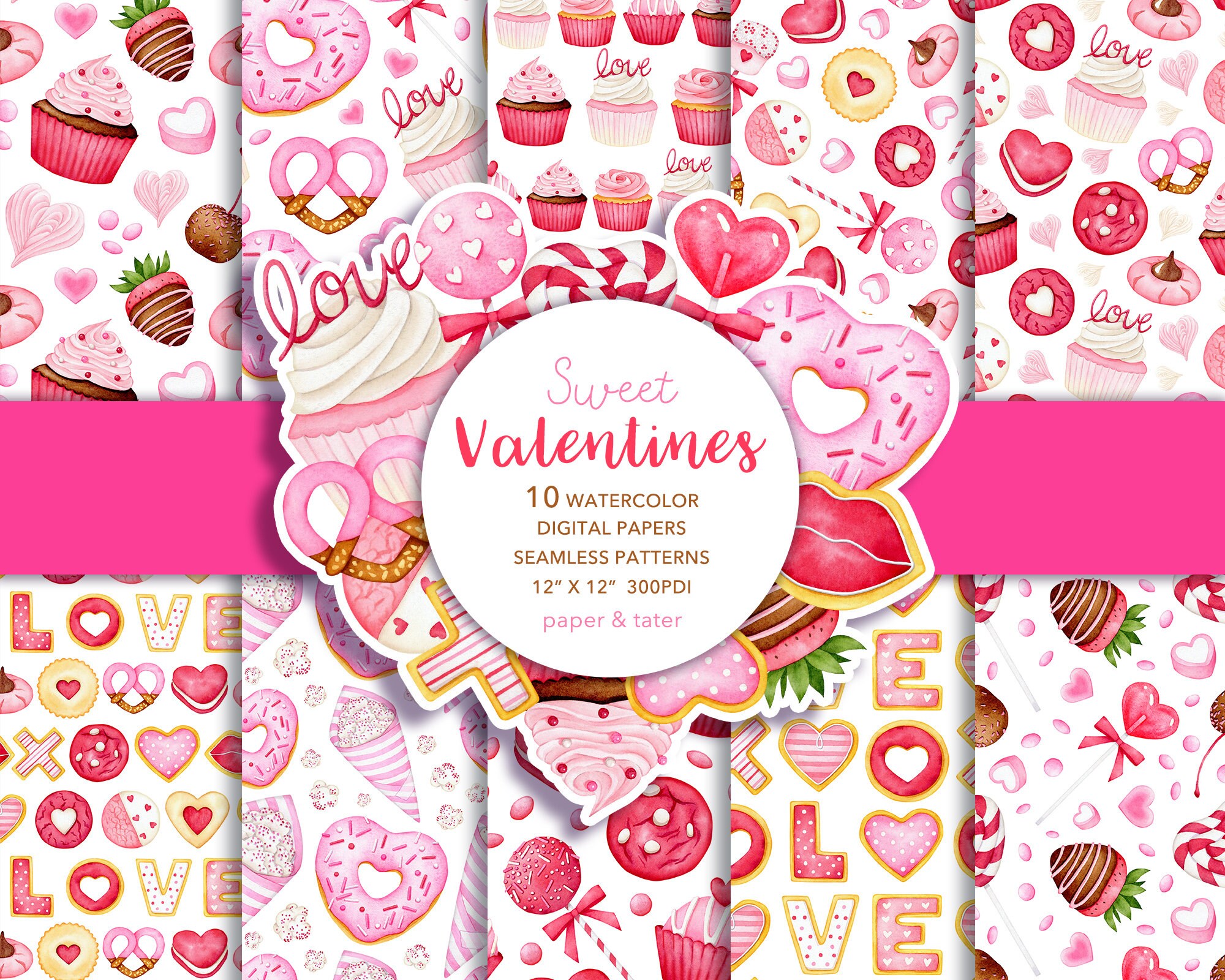 Watercolor Sweet Valentines Digital Papers Fabric Seamless | Etsy