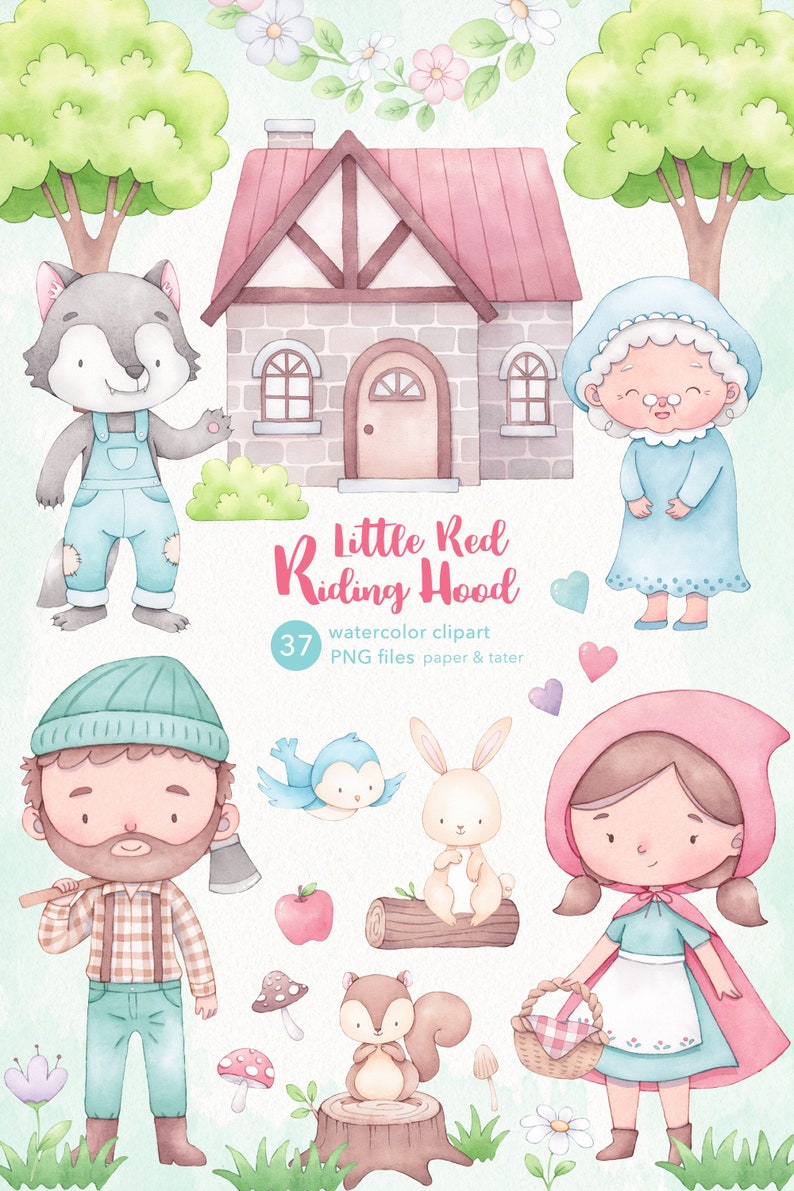 Little Red Riding Hood Watercolor Clipart Woodland Fairy Tale - Etsy