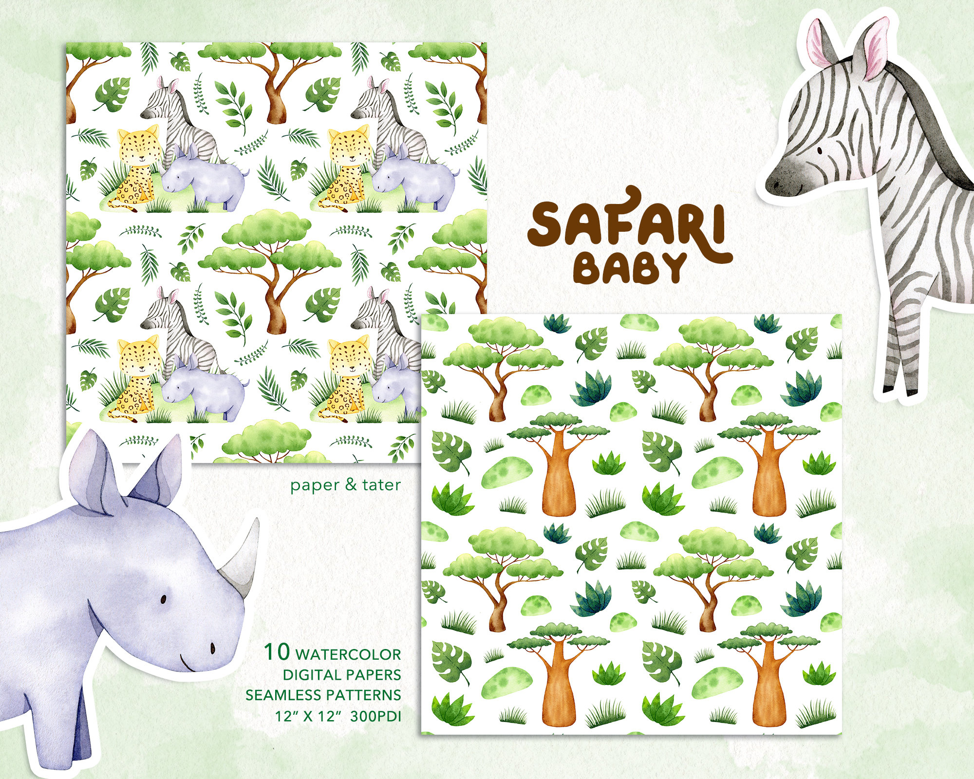 Watercolor Safari Baby Animals Digital Papers Fabric Seamless | Etsy