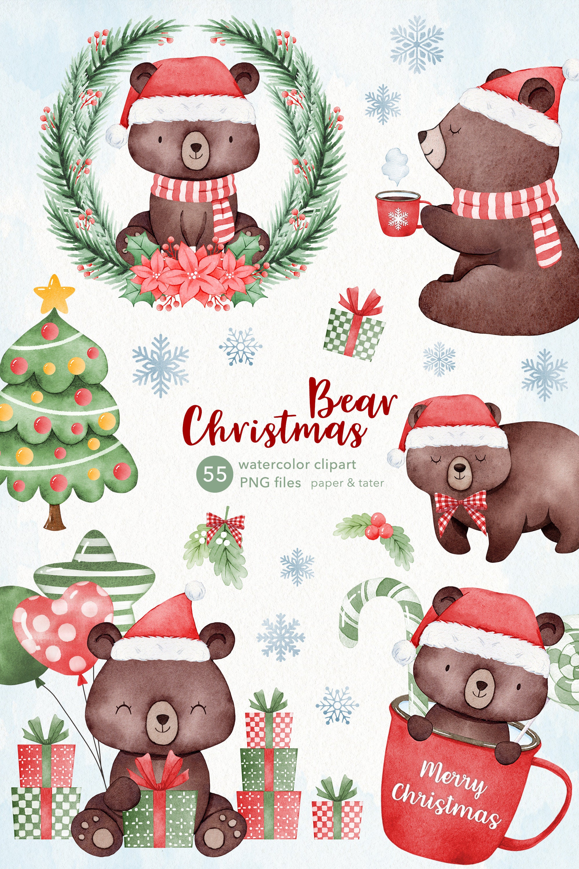 Watercolor Christmas Bear Clipart Cute Xmas Woodland Animals | Etsy