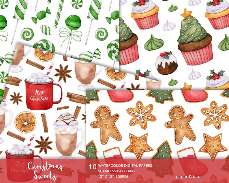 Watercolor Christmas Sweets Digital Papers Fabric Seamless - Etsy Canada