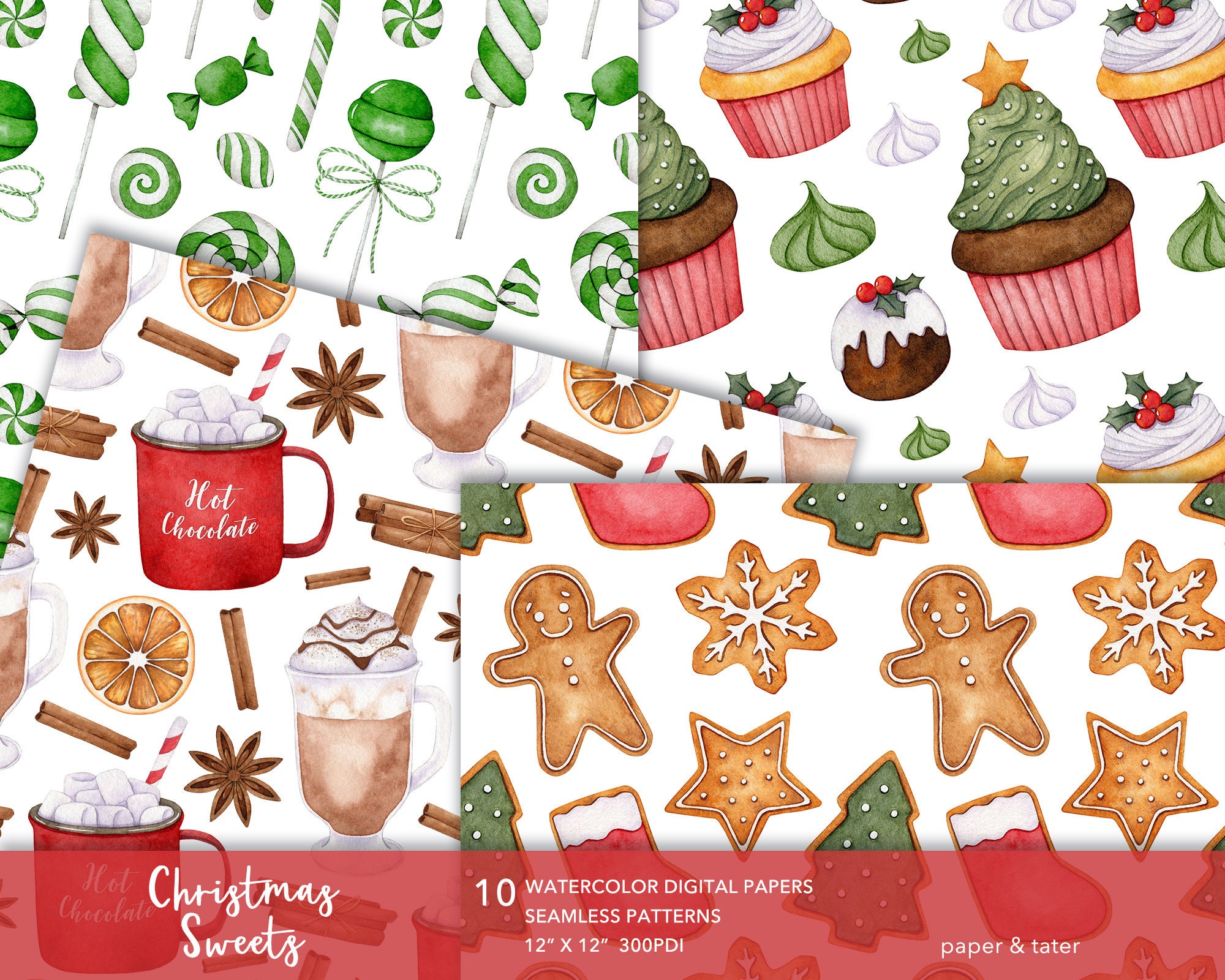 Watercolor Christmas Sweets Digital Papers Fabric Seamless - Etsy Canada