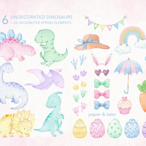 Watercolor Spring Dinosaur Clipart, Pastel Dino Clip Art, Easter Baby ...