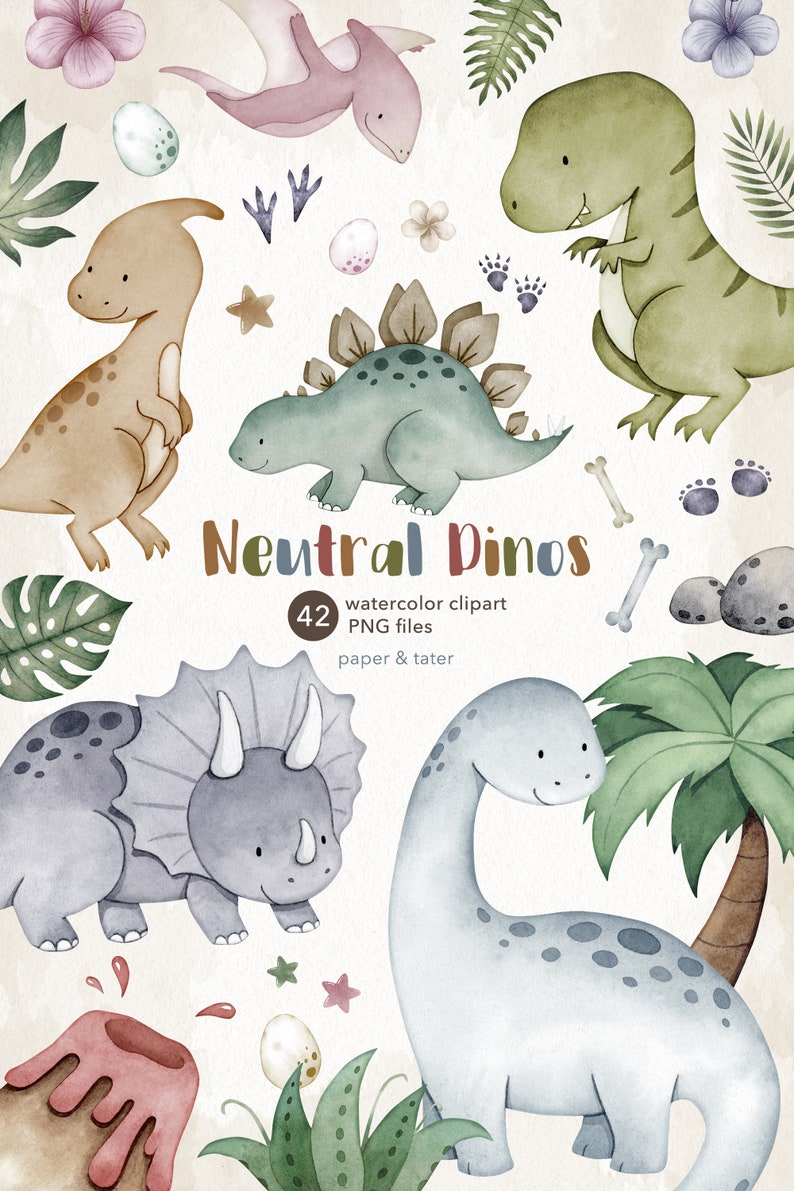 Watercolor Dinosaur Clipart Neutral Dino Clip Art Cute Baby - Etsy