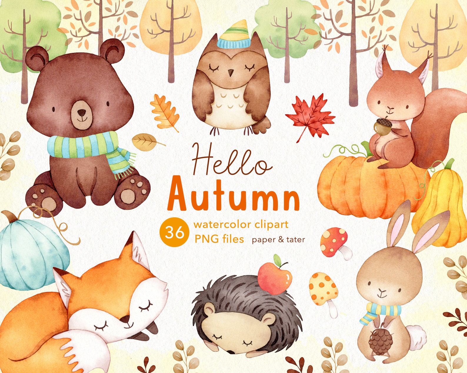 Watercolor Autumn Woodland Clipart Fall Forest Baby Animal - Etsy