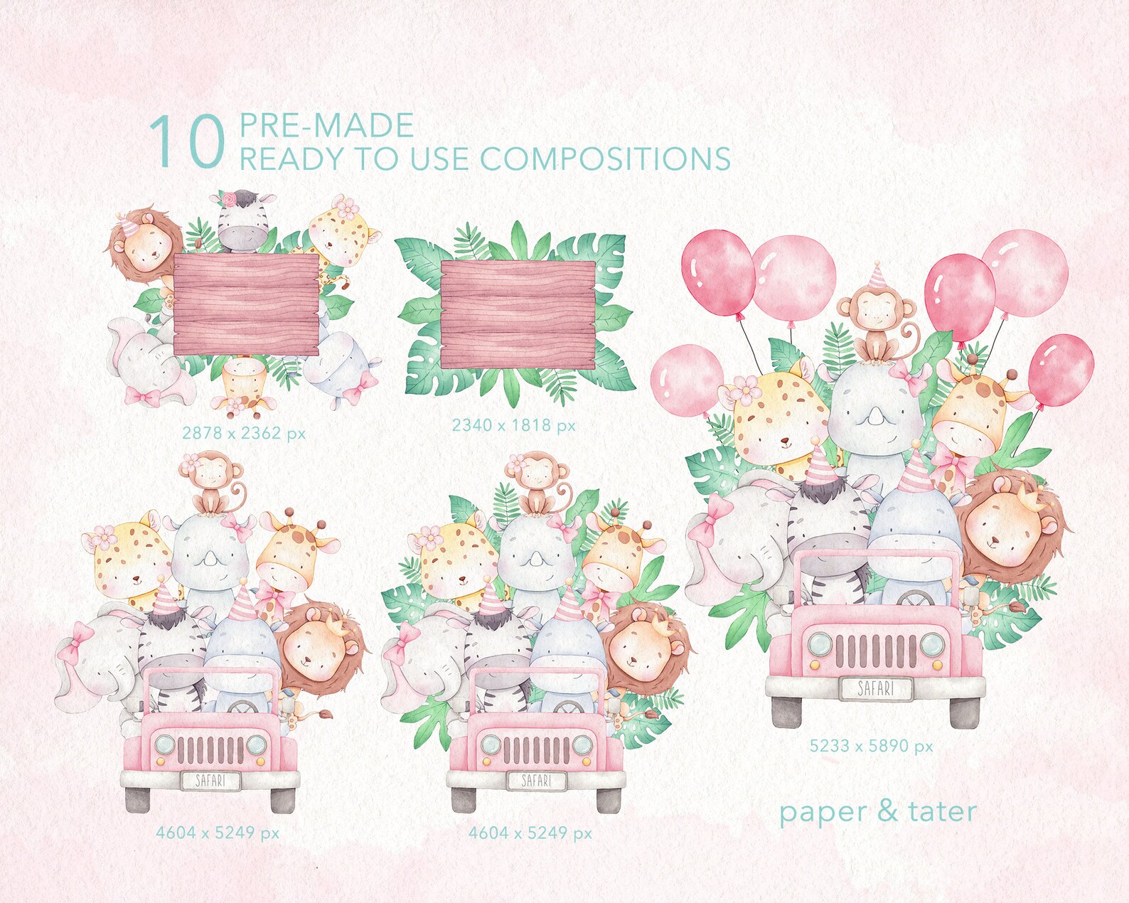 Pink Safari Drive Composition Watercolor Baby Animals Clipart, Ready to ...