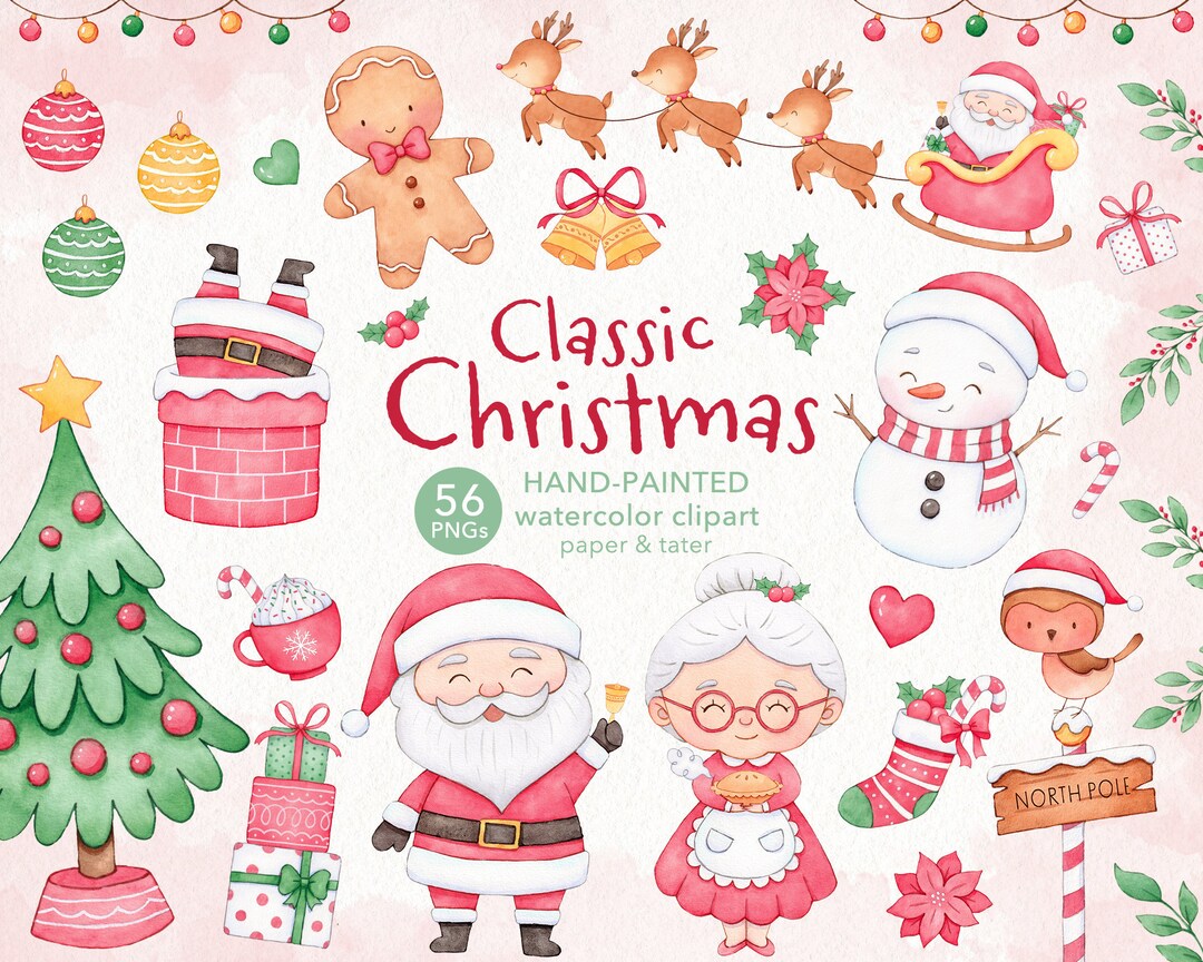 FAREWELL SALE - Hand-painted Classic Christmas Watercolor Clipart, Cute ...