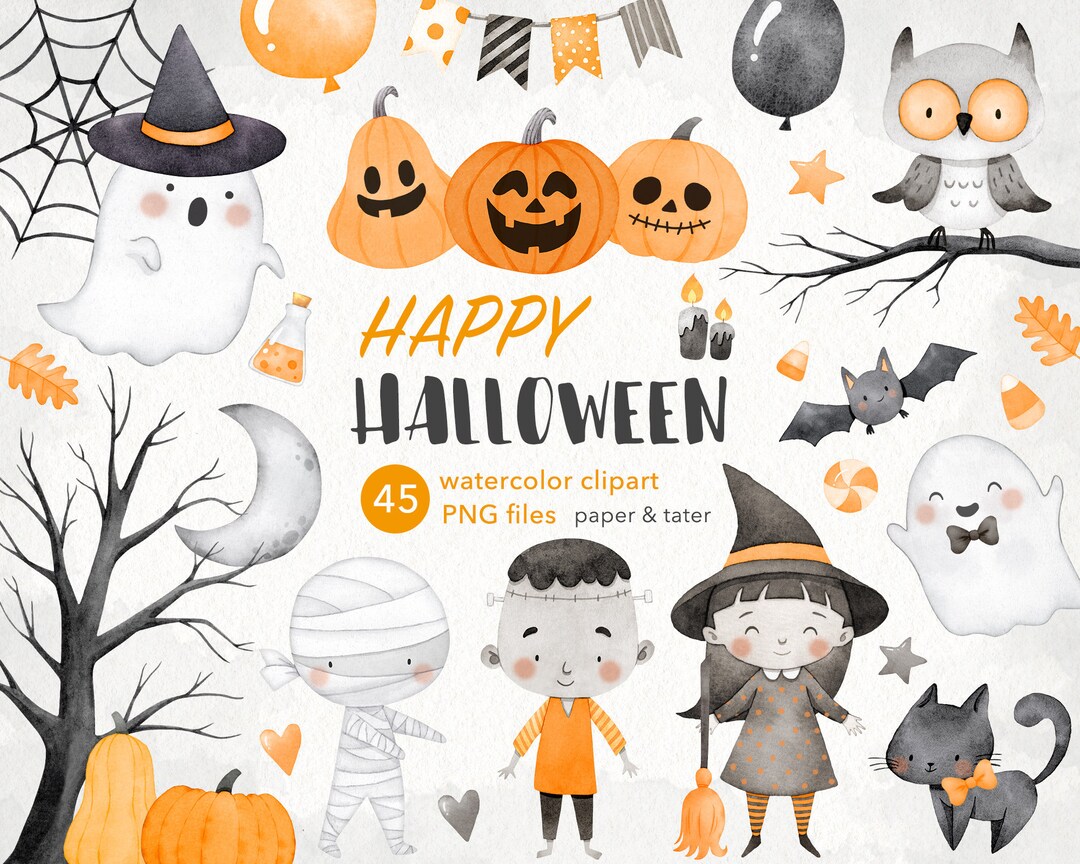 Happy Halloween Watercolor Clipart, Cute Halloween Monsters PNG - Etsy UK