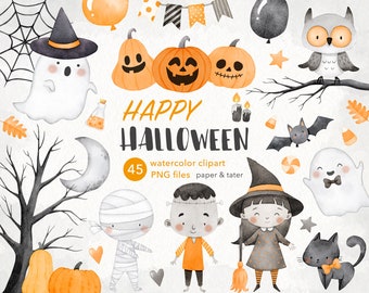 Watercolor Halloween Clipart, Cute Monsters, Witch, Vampire, Ghost ...