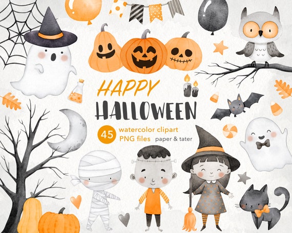 Happy Halloween Watercolor Clipart Cute Halloween Monsters - Etsy