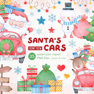 Santa's Cars Watercolor Clipart, Front View Christmas Vehicles PNG - Etsy