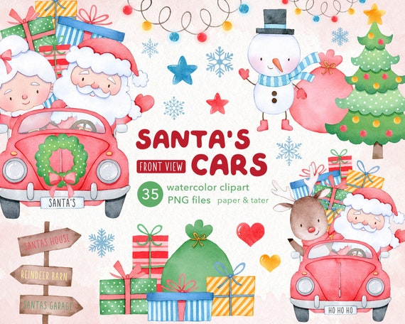Santa's Cars Watercolor Clipart Front View Christmas - Etsy