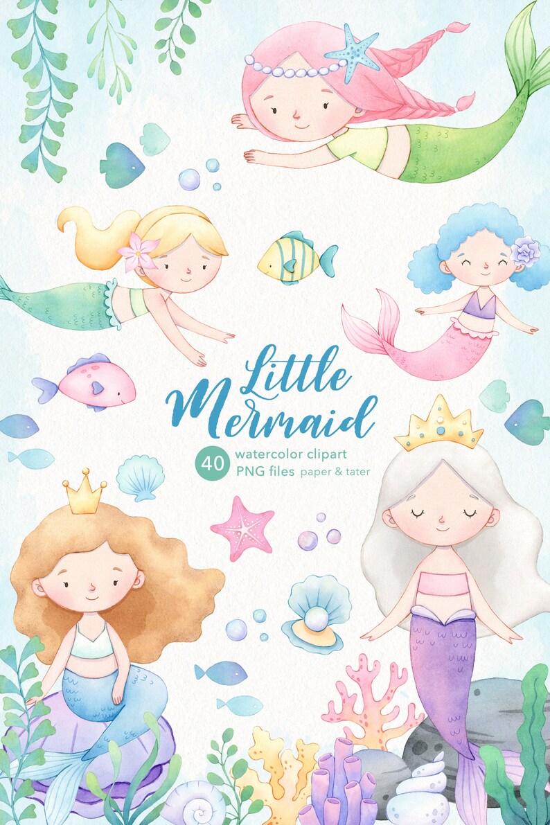 Watercolor Mermaid Clipart Cute Mermaids PNG - Etsy