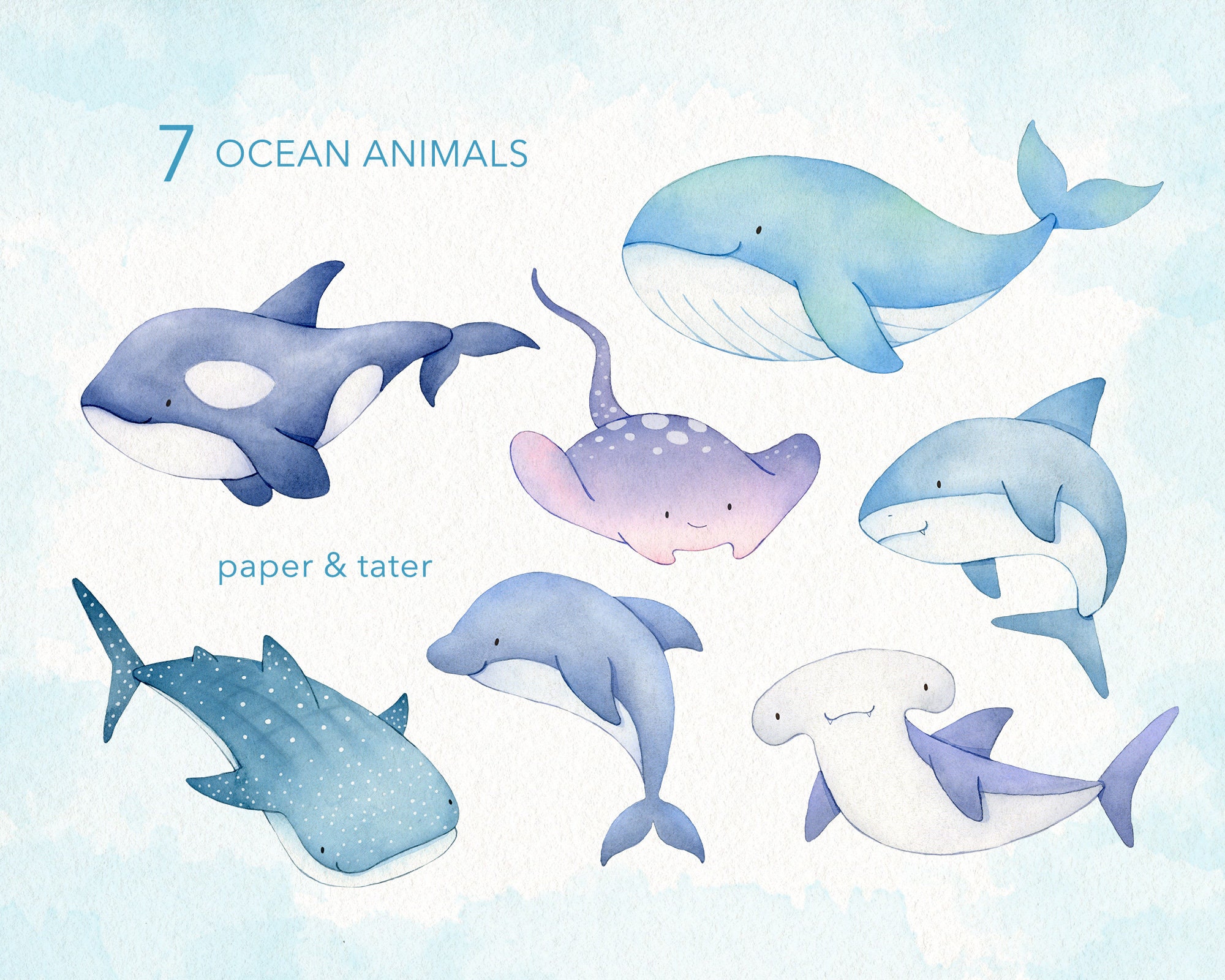 Whales and Sharks Watercolor Clipart Cute Ocean Animals PNG - Etsy