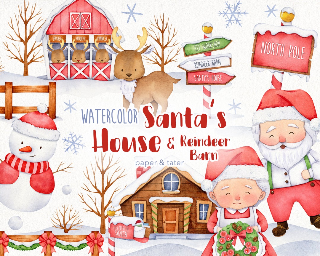 Watercolor Christmas Santa's House Clipart, Santa Claus Clip Art, Mrs ...