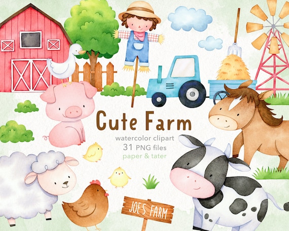 Watercolor Cute Farm Animals Clipart Graphics Farmhouse Barn - Etsy ...