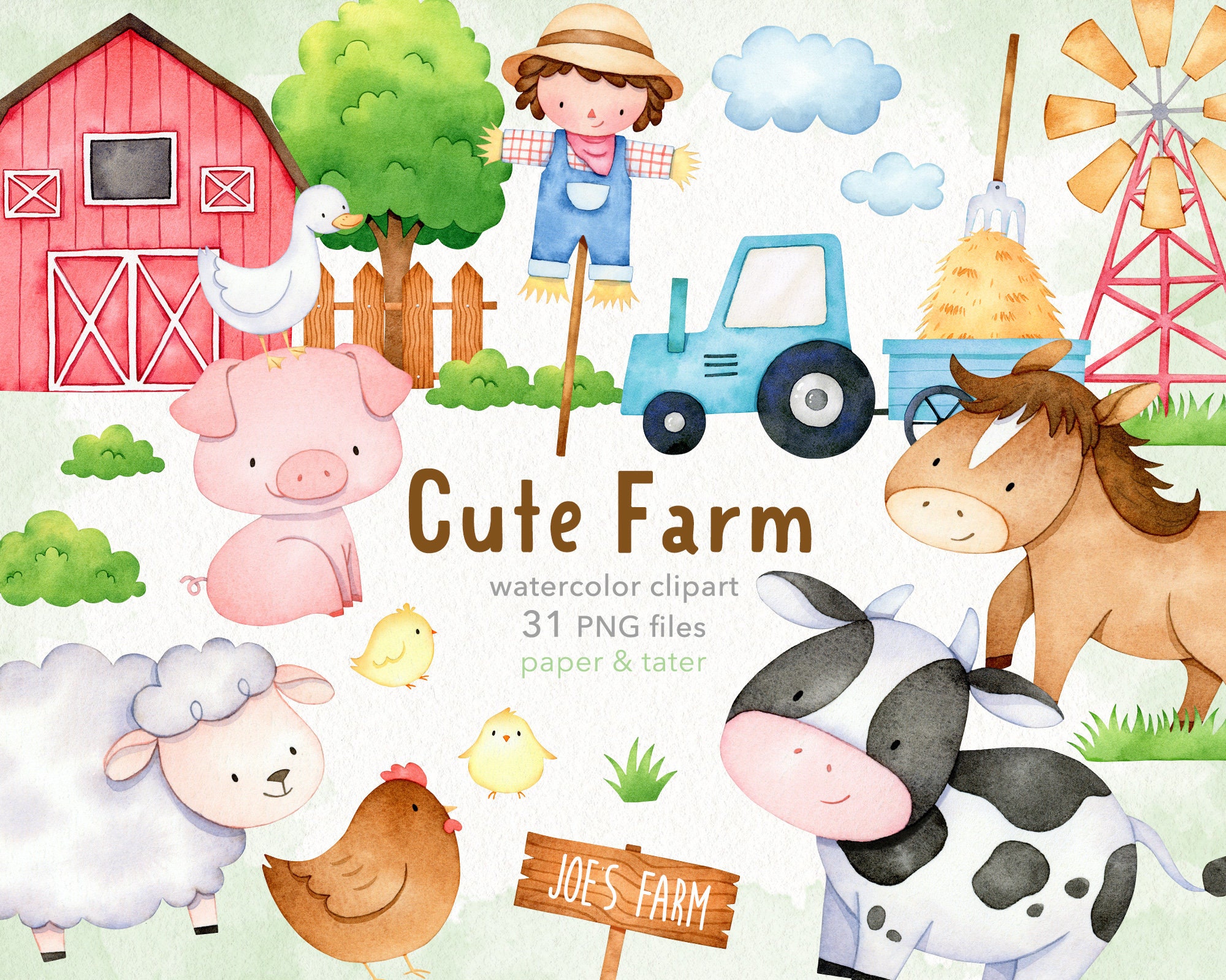 Watercolor Cute Farm Animals Clipart Graphics Farmhouse Barn | Etsy