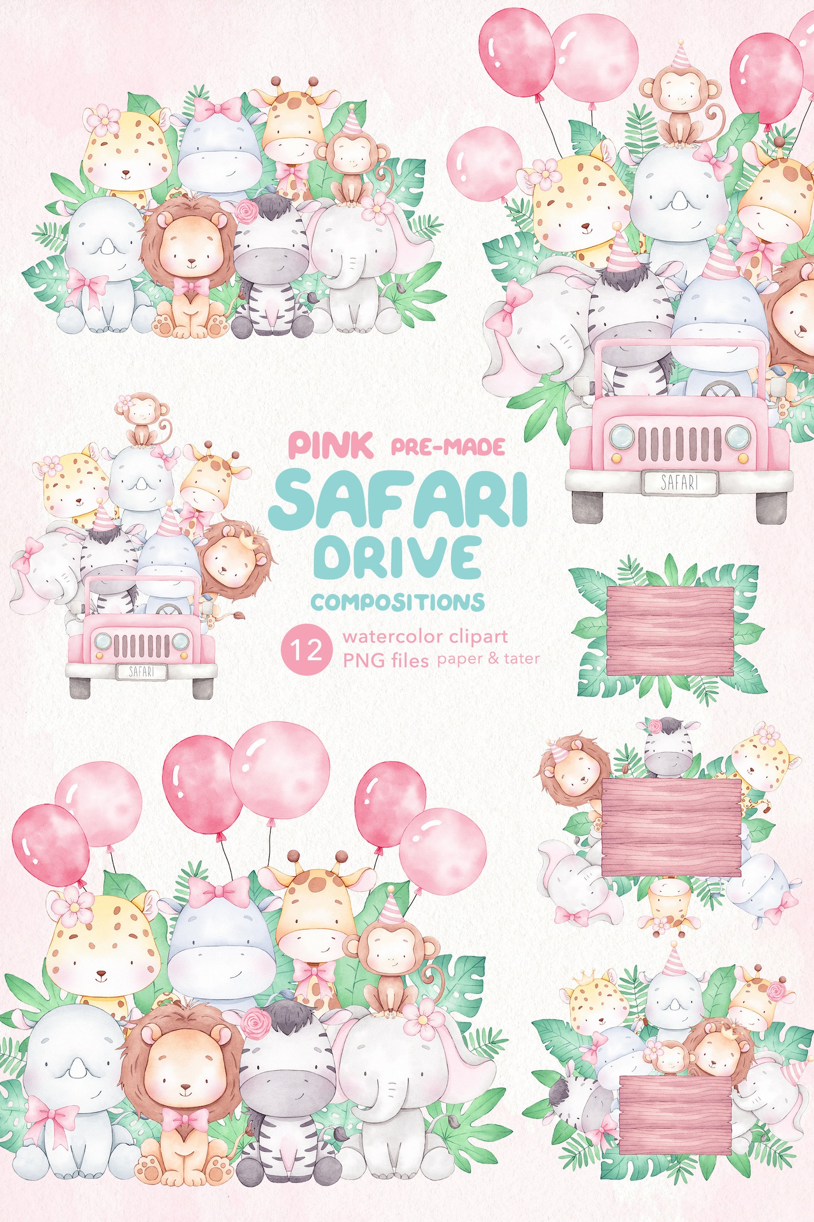 Pink Safari Drive Composition Watercolor Baby Animals Clipart, Ready to ...
