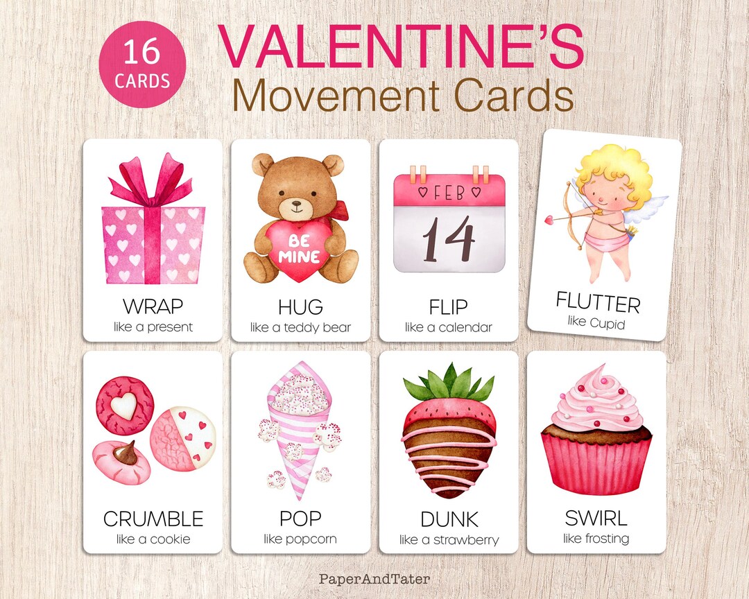 FAREWELL SALE - Valentine's Day Movement Cards for Kids, Valentine ...