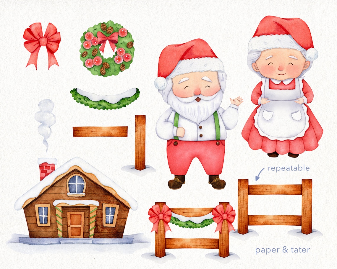 Watercolor Christmas Santa's House Clipart Graphics Santa - Etsy