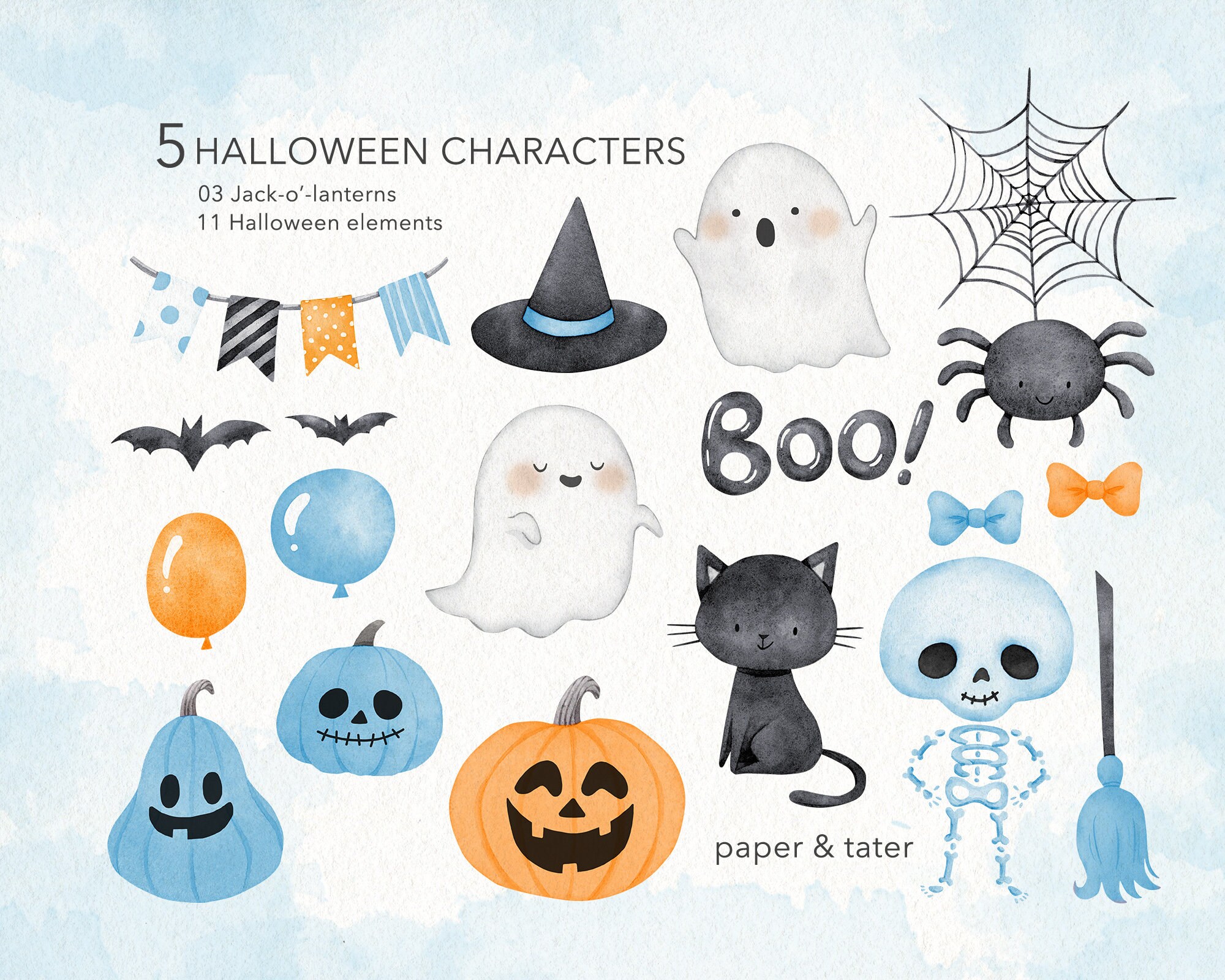 Blue Halloween Watercolor Clipart Cute Pastel Halloween Boy - Etsy