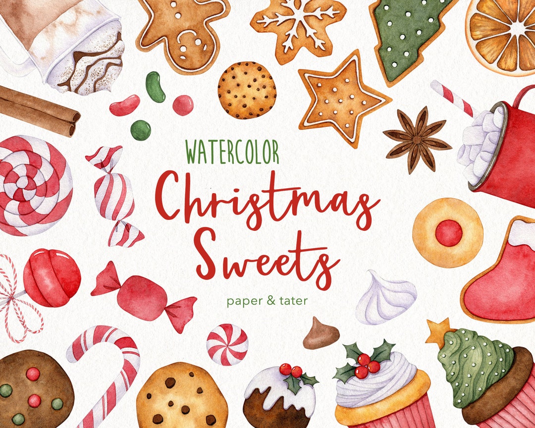 Watercolor Christmas Sweets Clipart, Holiday Desserts, Cookies Clip Art ...